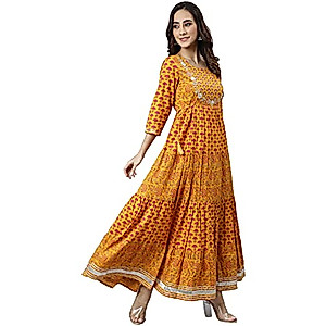 Janasya Women's Mustard Cotton Floral Print Flared Kurta(JNE3971-KR-XL)