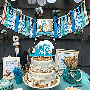 Vansolinne The Big One Highchair Banner 1st Birthday Boy Summer Beach Surf Birthday Party Decoration Baby First Blue Topper Cake Smash Party Decor Supplies Cute Photo Props Crown