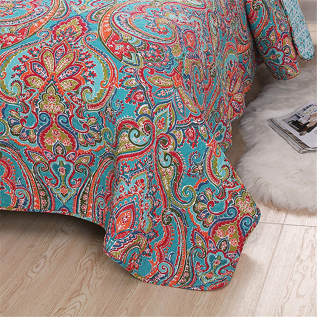 Newrara Jacquard Style Cotton 3 Pcs Patchwork Bedspread Boho Quilt Sets Queen Size（Red）