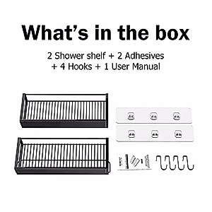 ROSEYAT Shower Caddy Shelf with Towel Bar, Adhesive Shampoo Holder with Hook, Shower Rack Basket Organizer for Bathroom, 2-in-1 Bathroom Shelf Kitchen Spice Organizer, 2-Pack Black