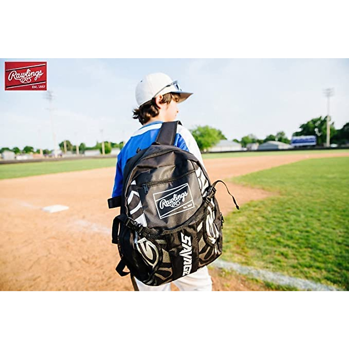 Rawlings Savage Youth Baseball Bag - Kids Bat Bag – Durable Baseball Backpack – Holds Two Bats – Includes Hook to Hang on Fence - Black/Royal