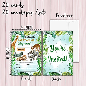 KFNER Calling All Party Animals Birthday Invitations, Safari Animals Birthday Party Invitation Card, Zoo Birthday Party Favors & Celebration Supplies(20 Set of Invitations with Envelopes)-B15