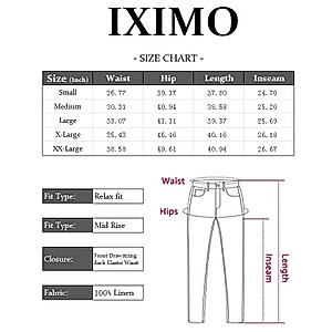 IXIMO Women's Tapered Pants 100% Linen Drawstring Back Elastic Waist Pants Trousers with Pockets Khaki XL