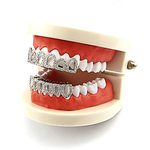 18K Gold Tone Iced Out Hip Hop Bling 6 Six Open Face Removable Top & Bottom Grill Grillz Combo Set