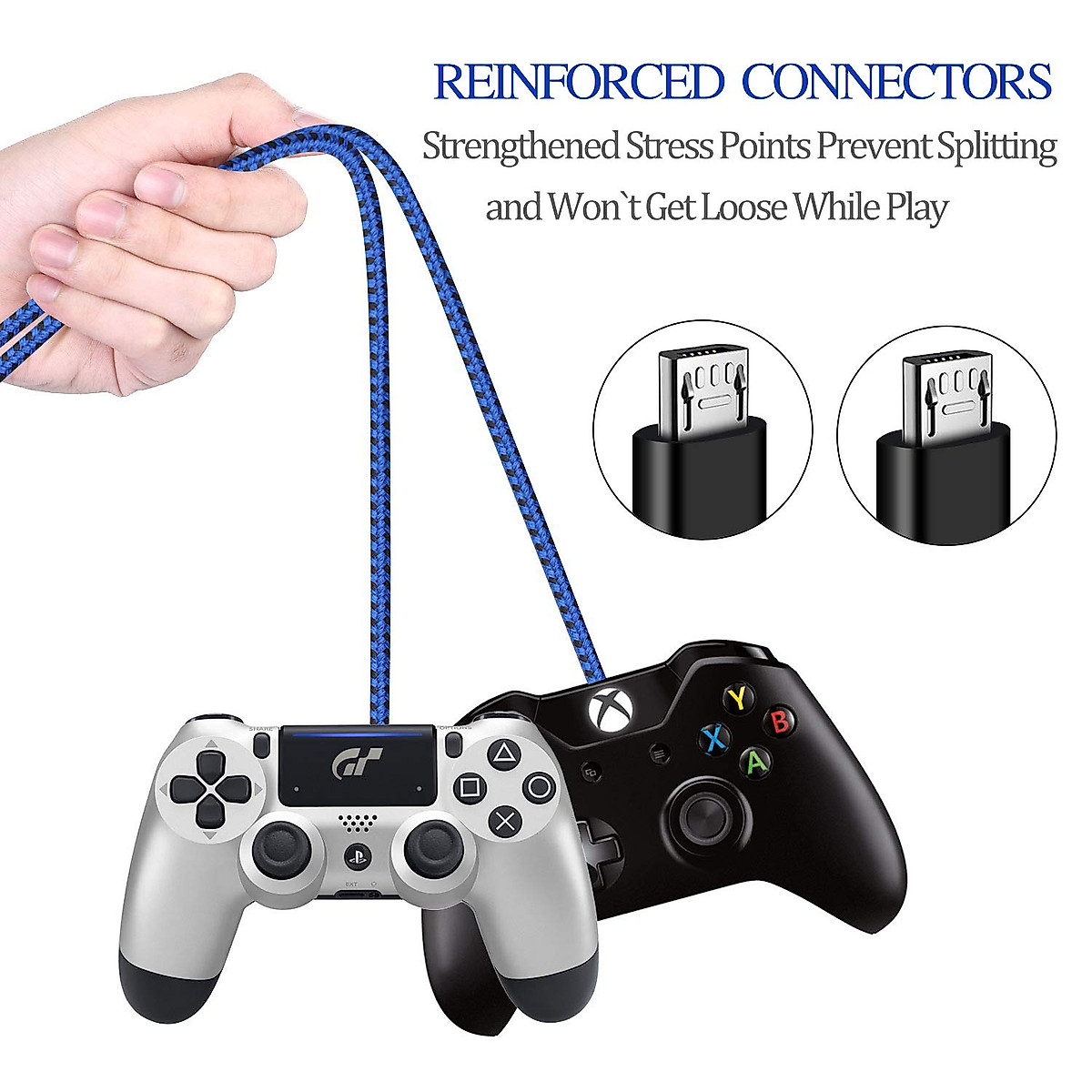 2 Pack 10FT/3M PS4 Controller Charging Cable, Micro USB Charger Sync Cord for Sony PS4 PS4 Pro/Slim Controller, Microsoft Xbox One S/X Controller, Galaxy S7, S7 Edge, S6 and More,Blue