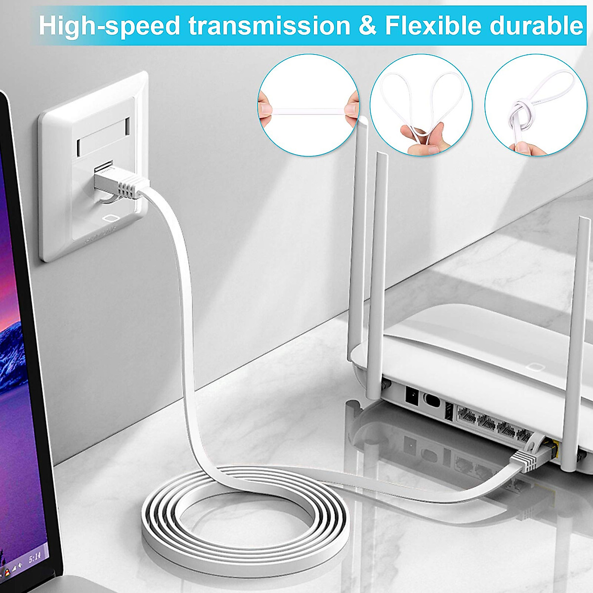 Cat 6 Ethernet Cable 10 ft White, Flat Internet Network LAN Patch Cord Short – Faster Than Cat5/Cat5e, Slim Cat6 10 feet High Speed Computer Wire with Snagless Rj45 Connectors for Router, Xobx,PS4