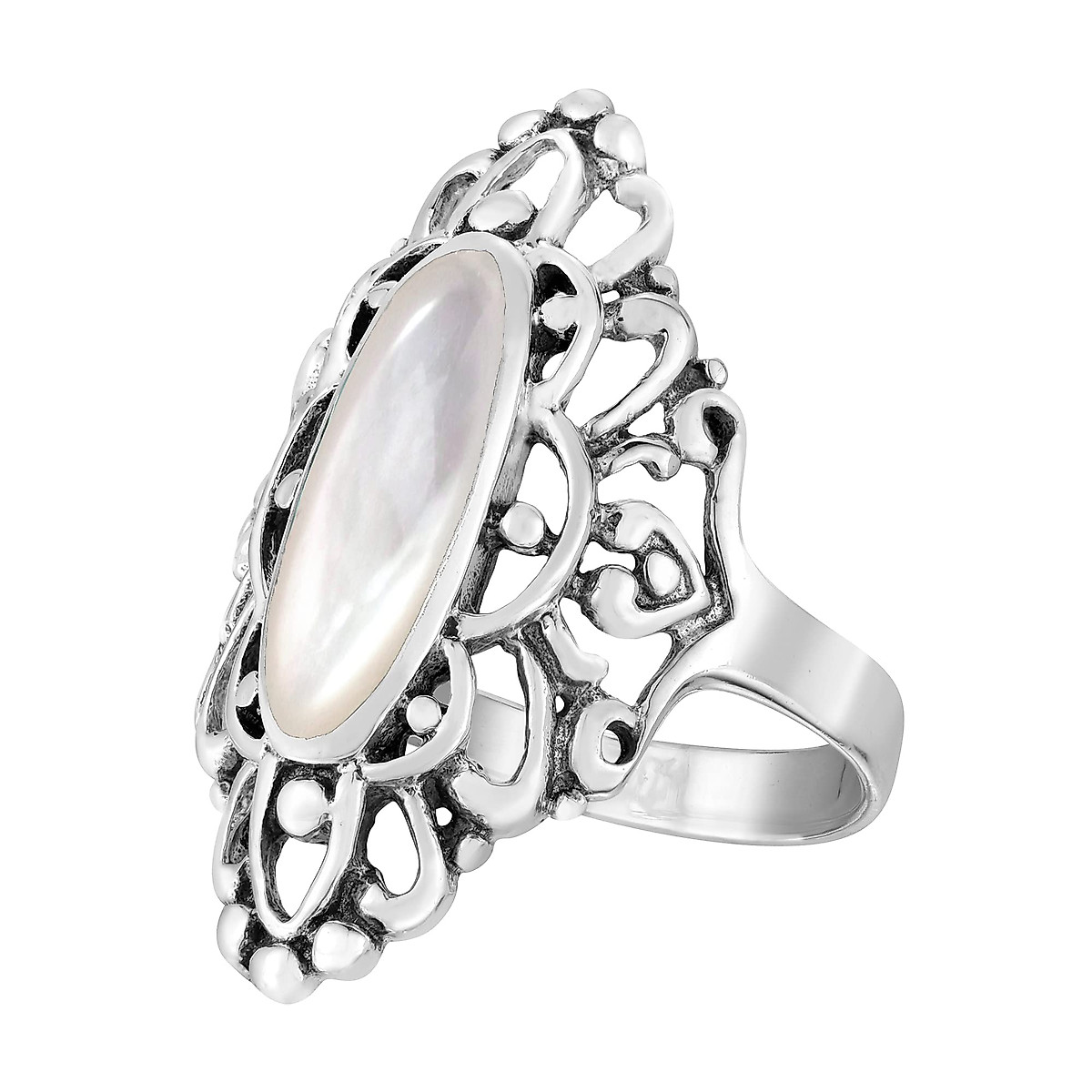 AeraVida Cute Heart Filigree Oval Mother of Pearl .925 Sterling Silver Ring