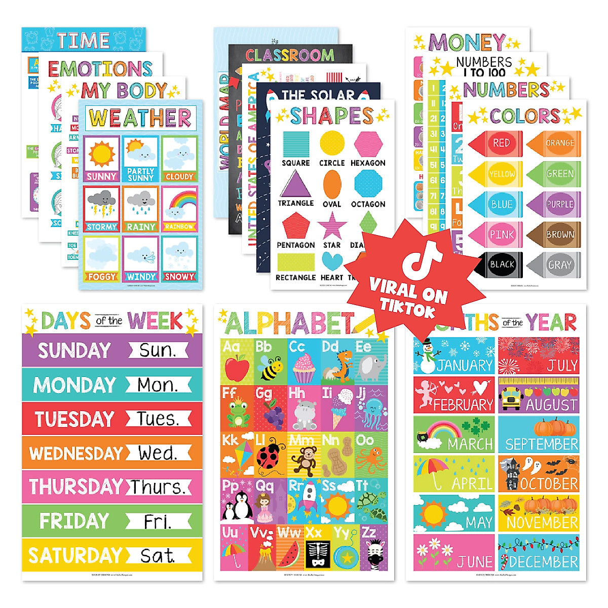 16 Educational Posters for Classroom Decor & Kindergarten Homeschool Supplies Baby to 3rd Grade Kids, Laminated PreK Learning Chart Materials – US & World Map, ABC Alphabet, Shapes, Days of the Week