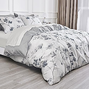 PHF 100% Cotton Printed Duvet Cover Queen Size, 3 Pieces Soft Breathable Duvet Cover Set for All Season, Stylish Floral Pattern Smooth Comforter Cover with 2 Pillow Shams, 90" x 90", White Grey-Floral