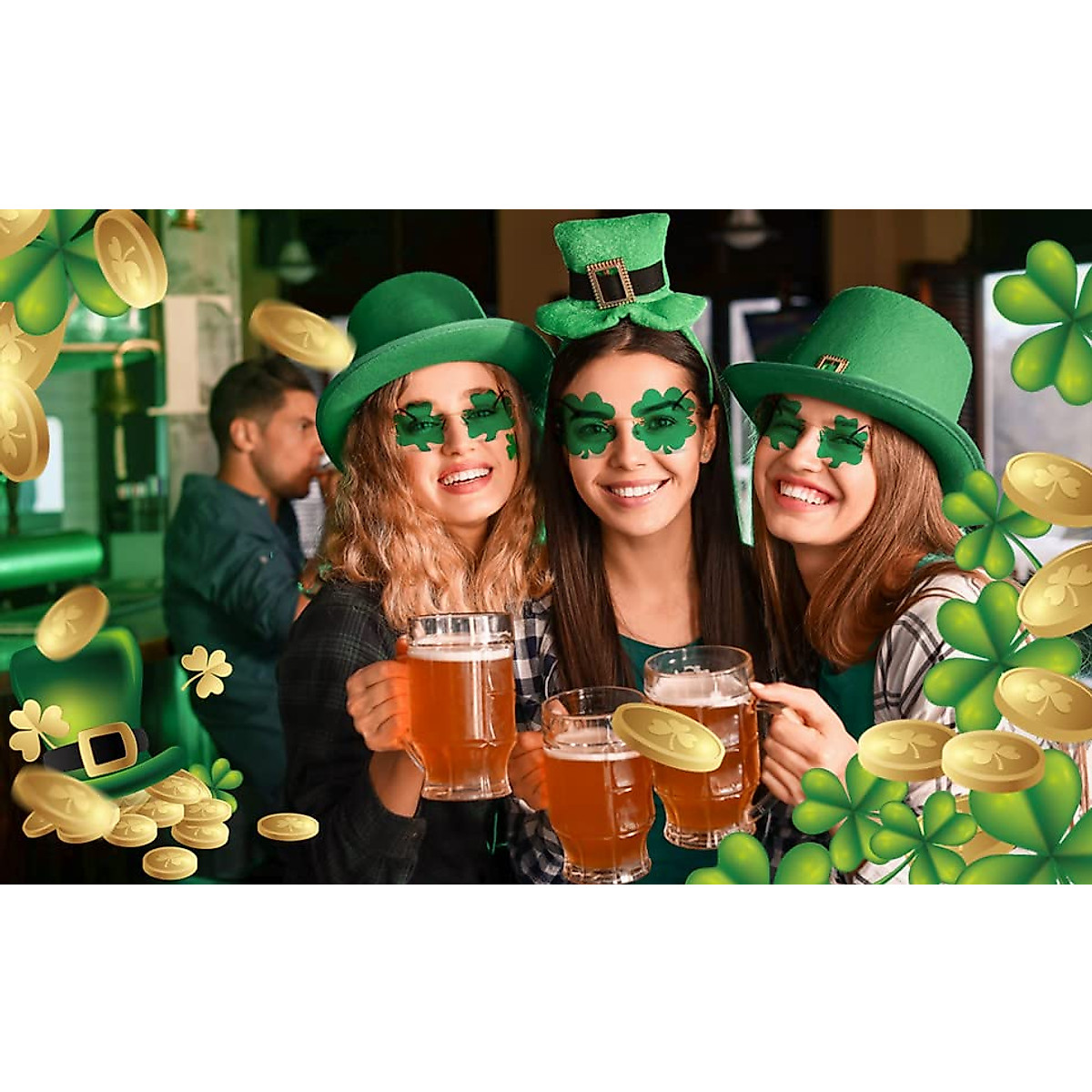 LASPOR St. Patrick's Day Irish Shamrock Sunglasses for Women Men Green Lucky Leprechaun for Costume Accessories (Clover Dark Green)
