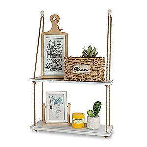 ASLINY Rustic Floating Corner Shelves Wall Mounted, 2 Tier Wood Storage Shelf Handmade (Distressed White)