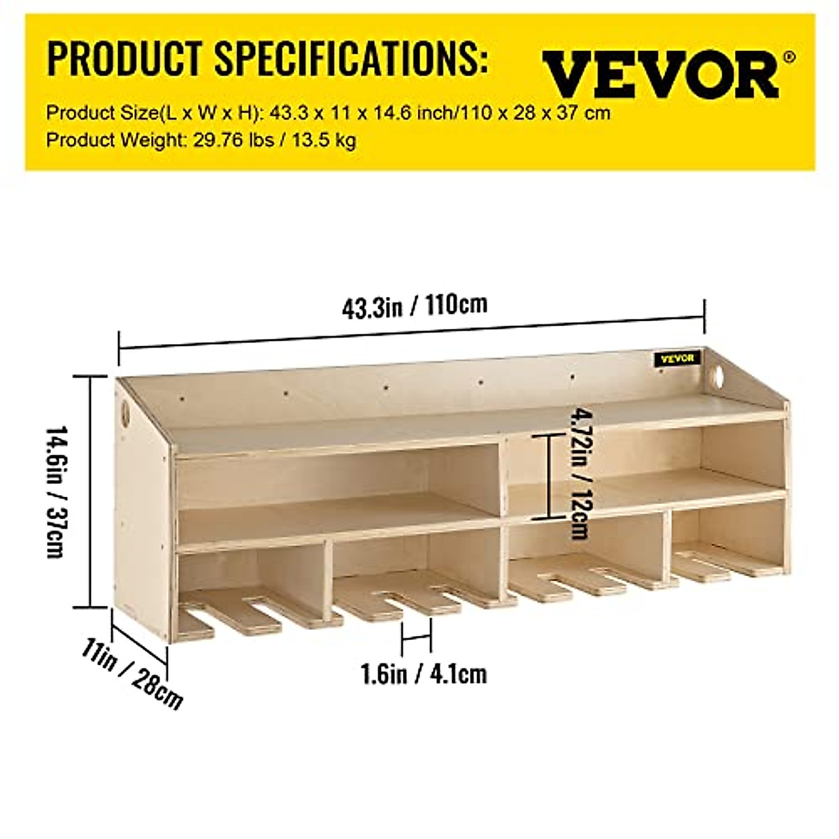 VEVOR Power Tool Organizer, Wall Mount Drill Holder, 10 Drill Hanging Slots Drill Charging Station, 2 Shelf Cordless Drill Storage, Polished Plywood Toolbox for Saw, Impact Wrench, Screwdriver Drill