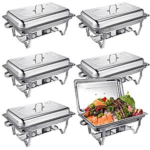 6 Pcs Chafing Dish Buffet Set 8 Qt Stainless Steel Chafer Complete Set Catering Buffet Servers and Warmers with Foldable Frame, Food Pan, Fuel Holder and Lid for Parties Banquet Wedding (Full Size)