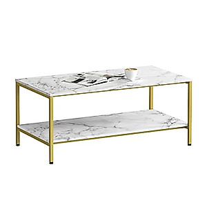 PrimeZone Coffee Table for Living Room - 2 Tier Rectangle Modern Coffee Table 21.5" D x 41" W x 18" H, Sofa Center Table with Gold Metal Frame, White Faux Marble