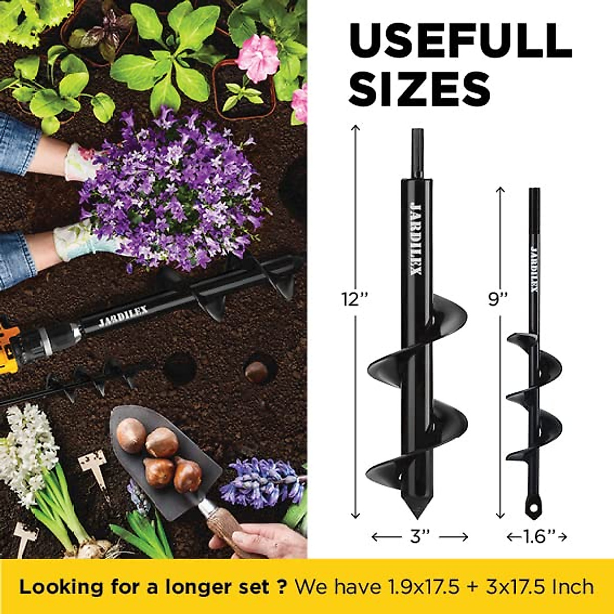 Jardilex Auger Drill Bit for Planting – 3×12 Inch + 1.6×9 Inch set – Garden Spiral Auger Bit for bedding plants, planting bulbs, umbrella holes - Save your back and your – free Plant Labels and Marker