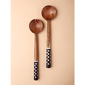 YoTreasure Tiramisu Black & White Dotted Resin Wood Salad Server Set | Wooden Utensils for Serving Salad, Spoon and Fork Set for Modern Kitchen