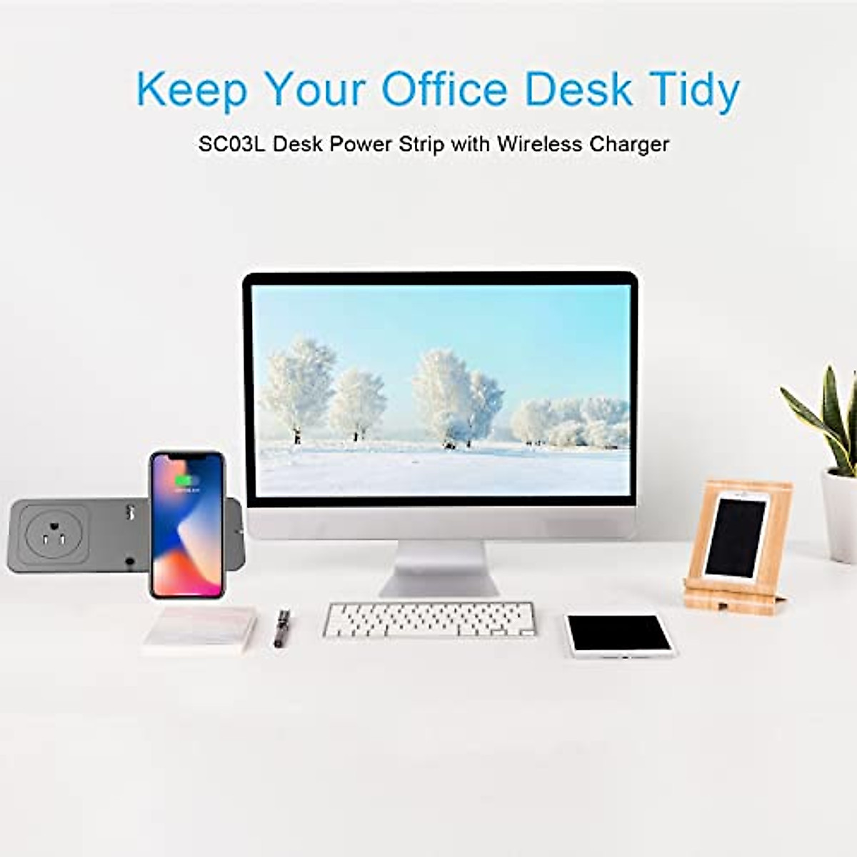 Desk Clamp Power Strip USB C, Desk Mount Power Strip with AC Outlet/2 USB Ports/15W Wireless Charger Station, Desktop Surge Protector PD 20W USB C Fast Charging, Fit 2.16" Tabletop Edge