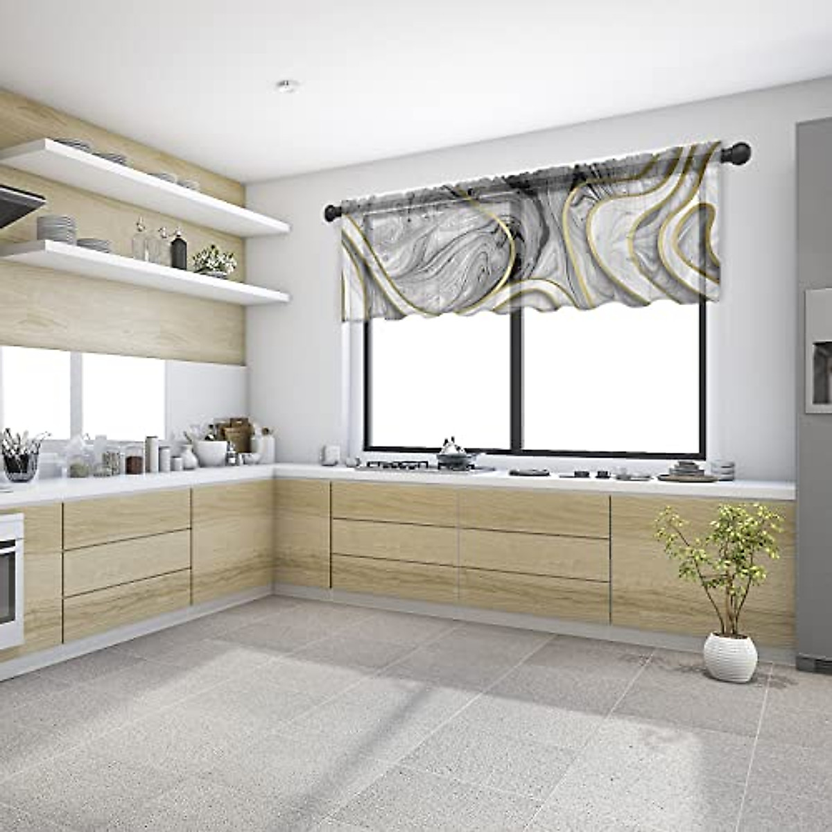 Chees D Zone Chiffon Window Valance Kitchen Curtains White Gray Abstract Marble,Rod Pocket Tier Curtain Light Filter Panel,Gold Foil Line Art Windows Valances Drapes for Bedroom,Bathroom 54x18In