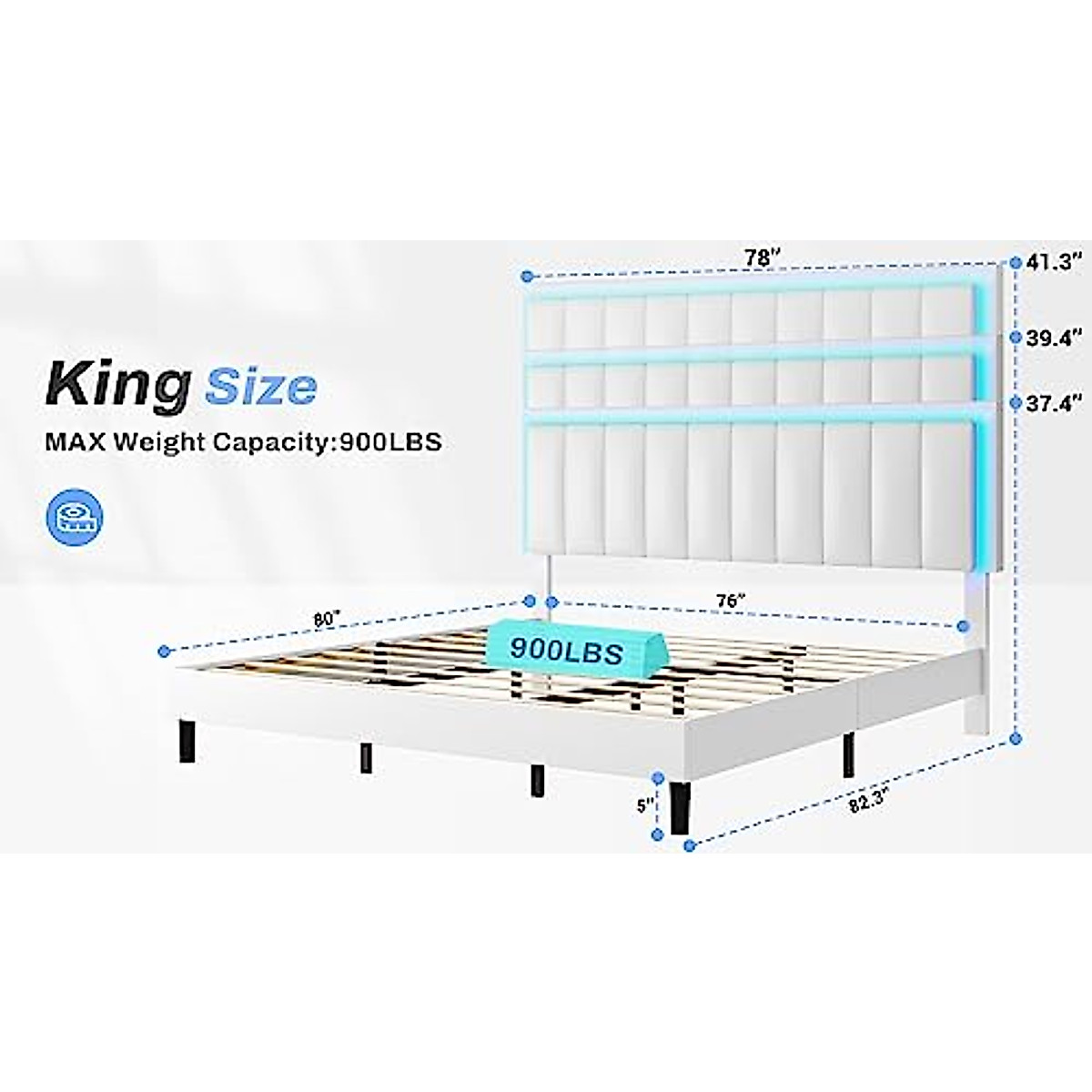 DICTAC King Bed Frame with Led Lights and USB Ports Modern Upholstered Platform Bed Frame with Headboard King Size Faux Leather Led Bed Frame,Wooden Slats, No Box Spring Needed, Easy Assembly, White