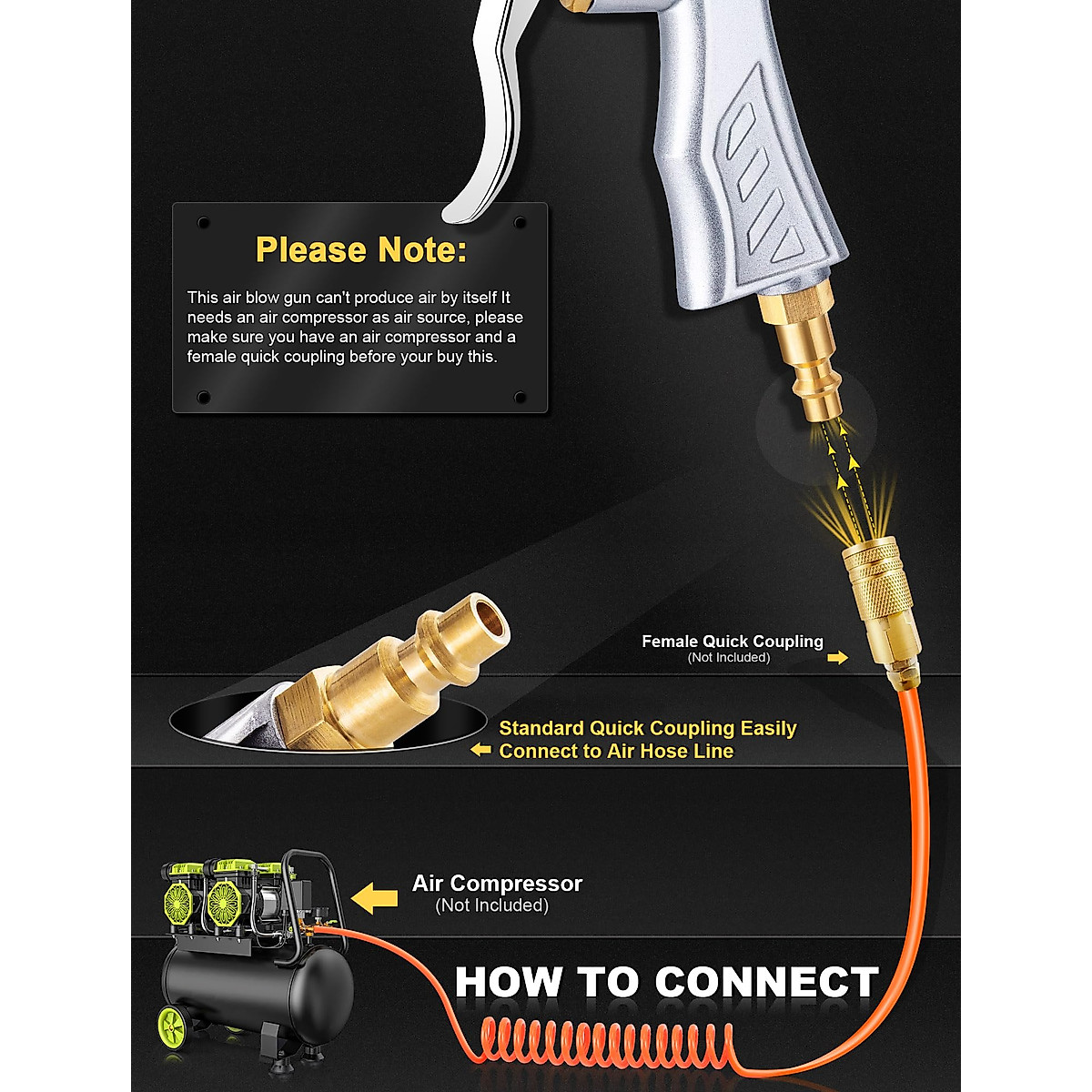 JASTIND Air Blow Gun with Adjustable Brass Air Nozzle, 2 Pcs Steel Extensions and 13.7 Inch Flexible Flow Hose, High Volume Air Gun Blower for Air Compressor Accessories Pneumatic Tool Dust Clean