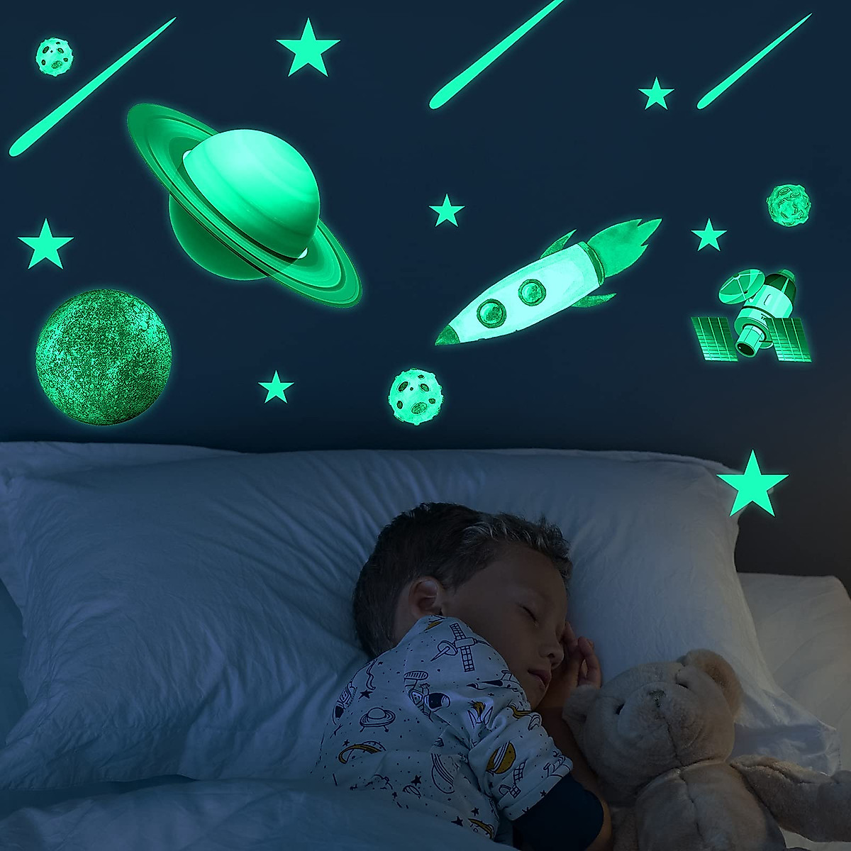 71 Pieces Glow in The Dark Solar System Wall Decals, Glowing Stars Planets for Ceiling Galaxy Astronaut Rocket Space Shooting Stars Wall Decor Stickers for Girls Boys Kids Bedroom Living Room