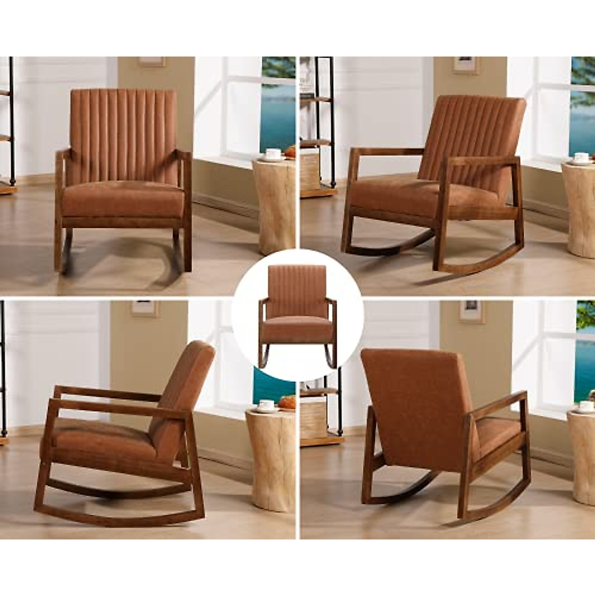 CIMOTA Leather Modern Rocking Chair Mid Century Armchair Upholstered Arm Chair with Padded Seat/Wood Frame, Comfy Rocker for Living Room/Bedroom, Retro Brown PU