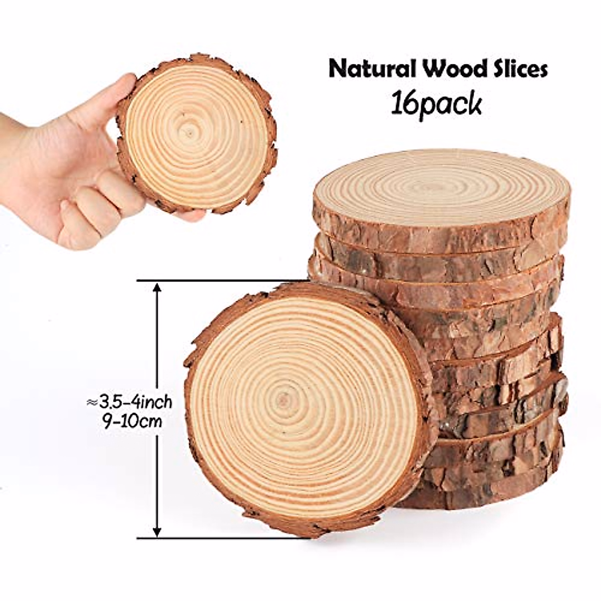 Wood Slices 16Pcs 3.5''-4'' Unfinished Wood Rounds Natural Thicken Slab with Bark for Coasters Centerpieces Wedding Rustic Craft Wooden Christmas Ornaments