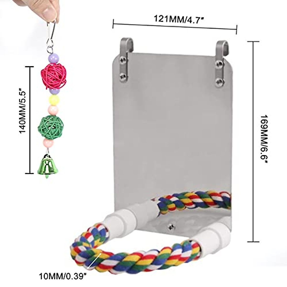 Tylu 6.6 inch Bird Mirror for Cage Parakeet Mirror with Rope Perch, Bird Cage Mirror Stand Swing Toys for Cockatiel Lovebirds Parrot Cockatoo Conures Finch Canaries, with ornaments
