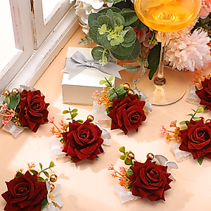 Sherr 20 Pcs Rose Wrist Corsage and Boutonnier Set Flower Wrist Corsage Wristlet Band Bracelet Wedding Bridegroom Men's Boutonniere Wristlet Hand Flower for Wedding Bouquets Supplies (Red)