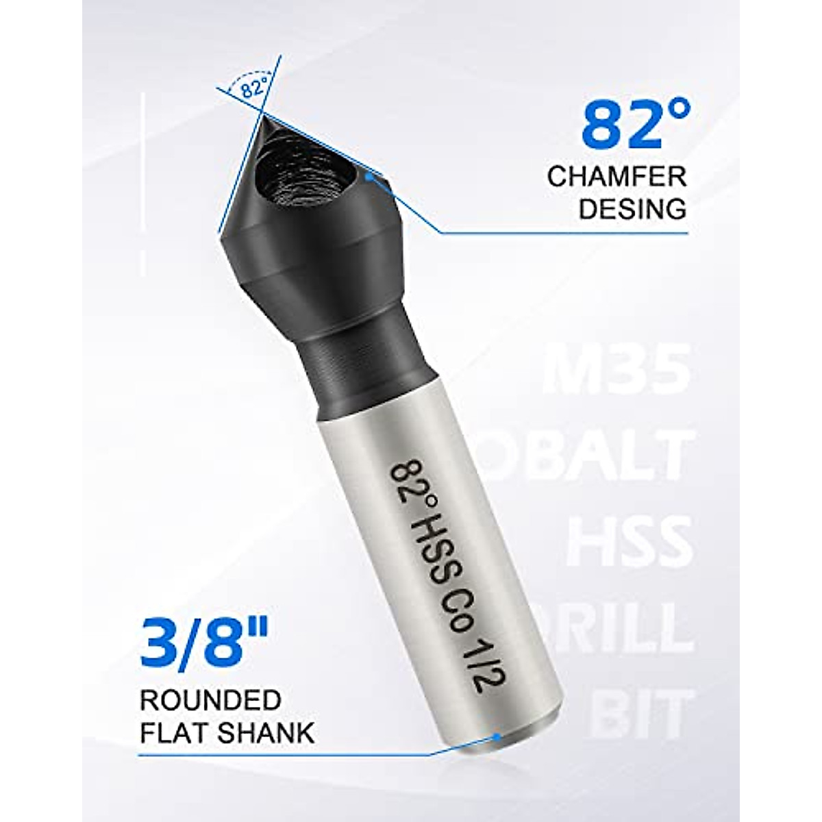 Countersink Drill Bit, TiAlN Coatied M35 Cobalt Steel Bit, 82 Degree Point Angle, 3/8" Round Shank, 1/2" Body Diameter for Hard Metal Wood Plastic Glass Deburring Chamfer Tool (82 Degree)