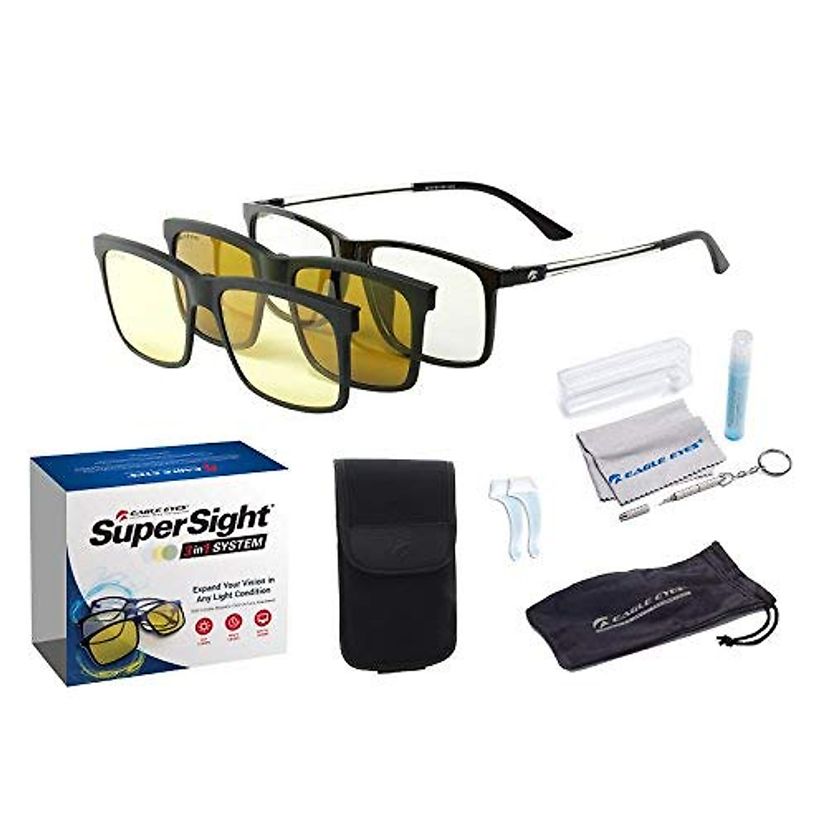 Eagle Eyes 3in1 Magnetic Polarized Sunglasses/Night Driving Clip-on With Computer Lens Base Frame - (Black/Clear)