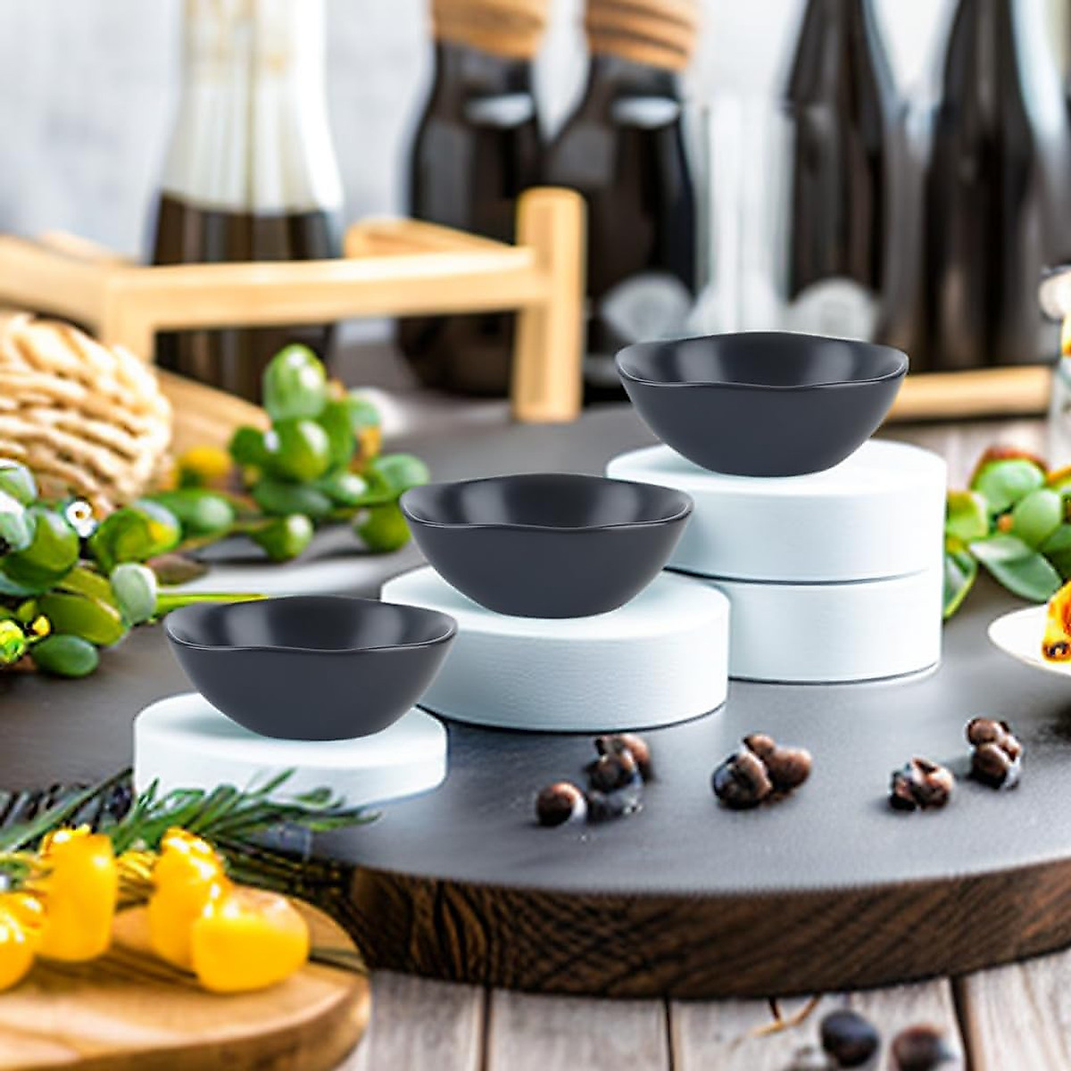XinHuiGY Matte Ceramic Dipping Sauce Dishes,Black Sushi Soy Sauce Dipping Bowls Appetizer Plates with Irregular Edge Side Dish for Kitchen Home Housewarming (Black)