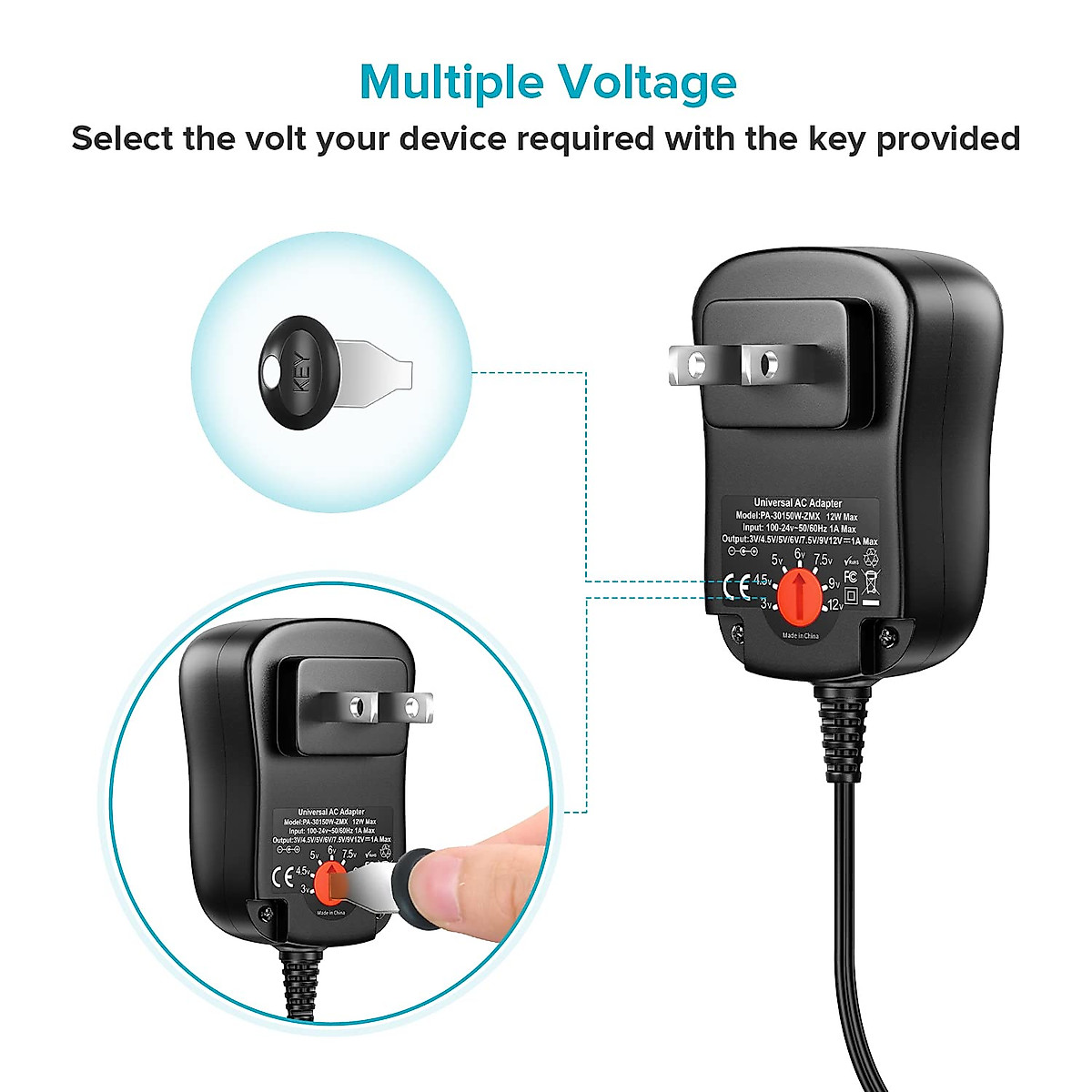 Powseed 12W Universal AC Adapter DC 3V 4.5V 5V 6V 7.5V 9V 12V Power Cord for Household Electronics CCTV IP Camers Routers Speaker Tablet Webcam USB Devices Multi Voltage 1000mA Wall Cord Charger