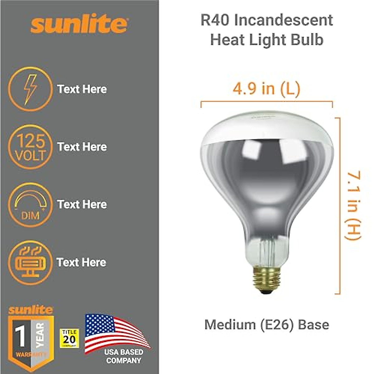 Sunlite R40 Incandescent Heat Lamp Bulb, 375 Watts, 125 Volts, Medium E26 Base, 2600K Soft White, Dimmable, Clear, 100 CRI, 3000 Rated Hours, Title-20 Compliant, 1 Pack
