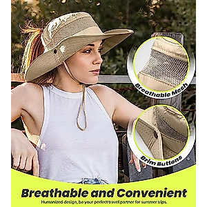 Sun Hat with High Ponytail Hole for Women, Womens UV Protection Wide Brim Foldable Waterproof Beach Bucket Safari Fishing Hat Khaki