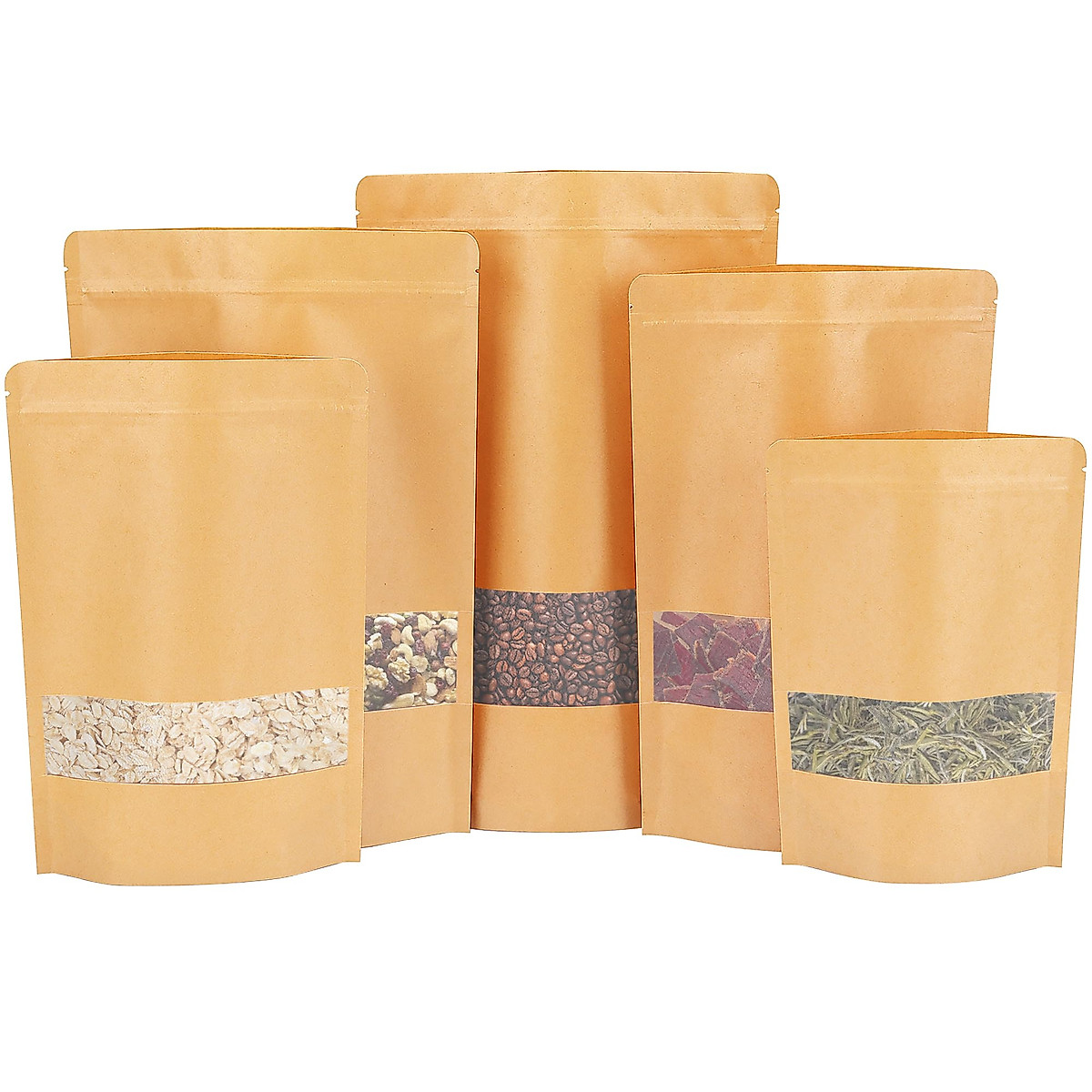 mortd 50Pcs Kraft Paper Sealable Bags with Window, Resealable Food Storage Pouch Stand Up Bags, Reusable Zip Lock Food Storage Bags Seal Paper Bag for Home Kitchen Packaging Products