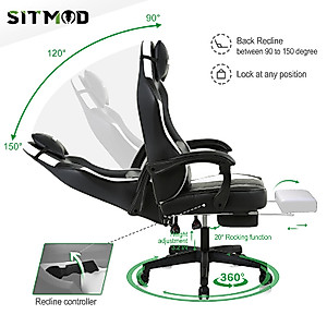SITMOD Gaming Chair with Footrest-PC Computer Ergonomic Video Game Chair-Backrest and Seat Height Adjustable Swivel Task Chair for Adults with Headrest and Lumbar Support(Black-White)-PU Leather