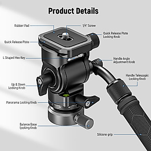 NEEWER Tripod Fluid Head with +/-10° Leveling Base(37mm Dia.), Metal Pan Tilt Head with Arca Type QR Plate, Telescopic Handle for Compact Video Camera DSLR Camera, Max Load 8.8lb/4kg, GM27