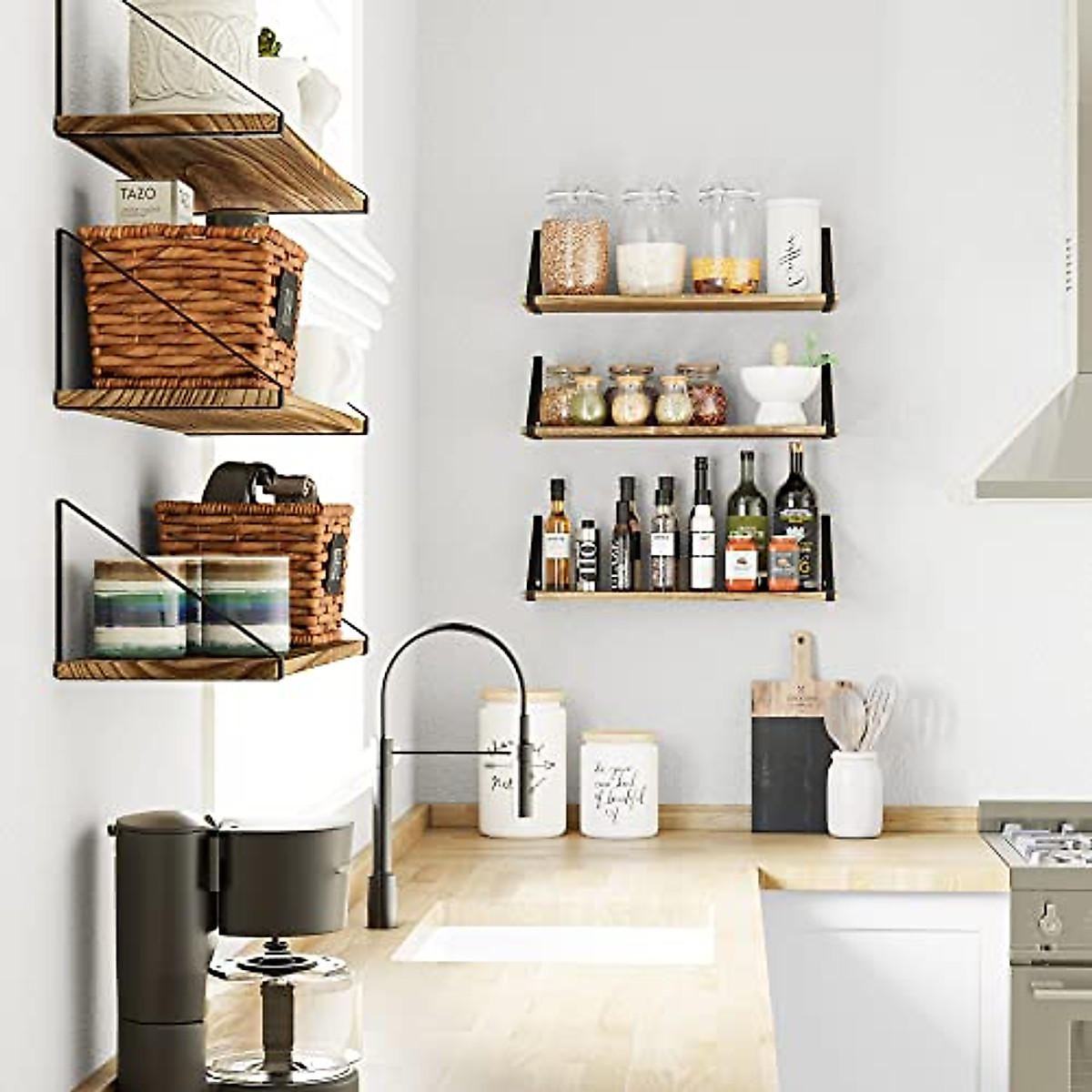 Wallniture Ponza Floating Shelves for Wall, 24"x8" Bookshelf for Large Books, Storage Shelves for Kitchen, Office, Hallway Living Room Decor, Set of 6, Burnt