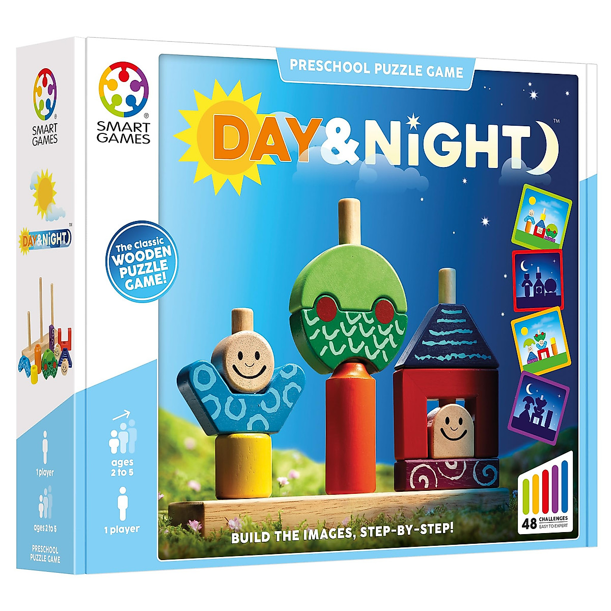 SmartGames Day & Night Wooden Cognitive Skill-Building Puzzle Game Featuring 48 Playful Challenges for Ages 2+