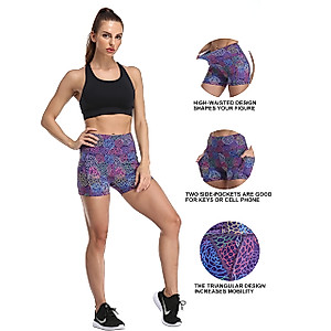 Amazon Essentials Workout Volleyball Yoga Print Short Pockets High Waist Exercise Running Gym Shorts for Women 3" Purple Circle Flower-M