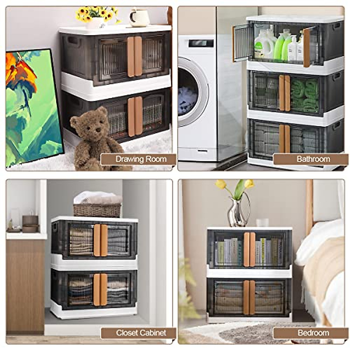 MOSFiATA Storage Bins with Lids - 8.4Gal Stackable Storage Bins, Folding Storage Box for Closet Organizer, Plastic Collapsible Storage Bins with 2 Doors & Wheels for Home Kitchen,1 Pack