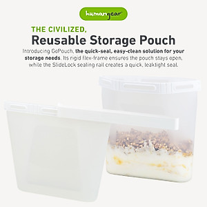 humangear GoPouch - Flexible Food Storage Container, Quick-Seal, Reusable Pouches, Leak Proof Bag with Slide-Lock Closure System, Clear, Medium