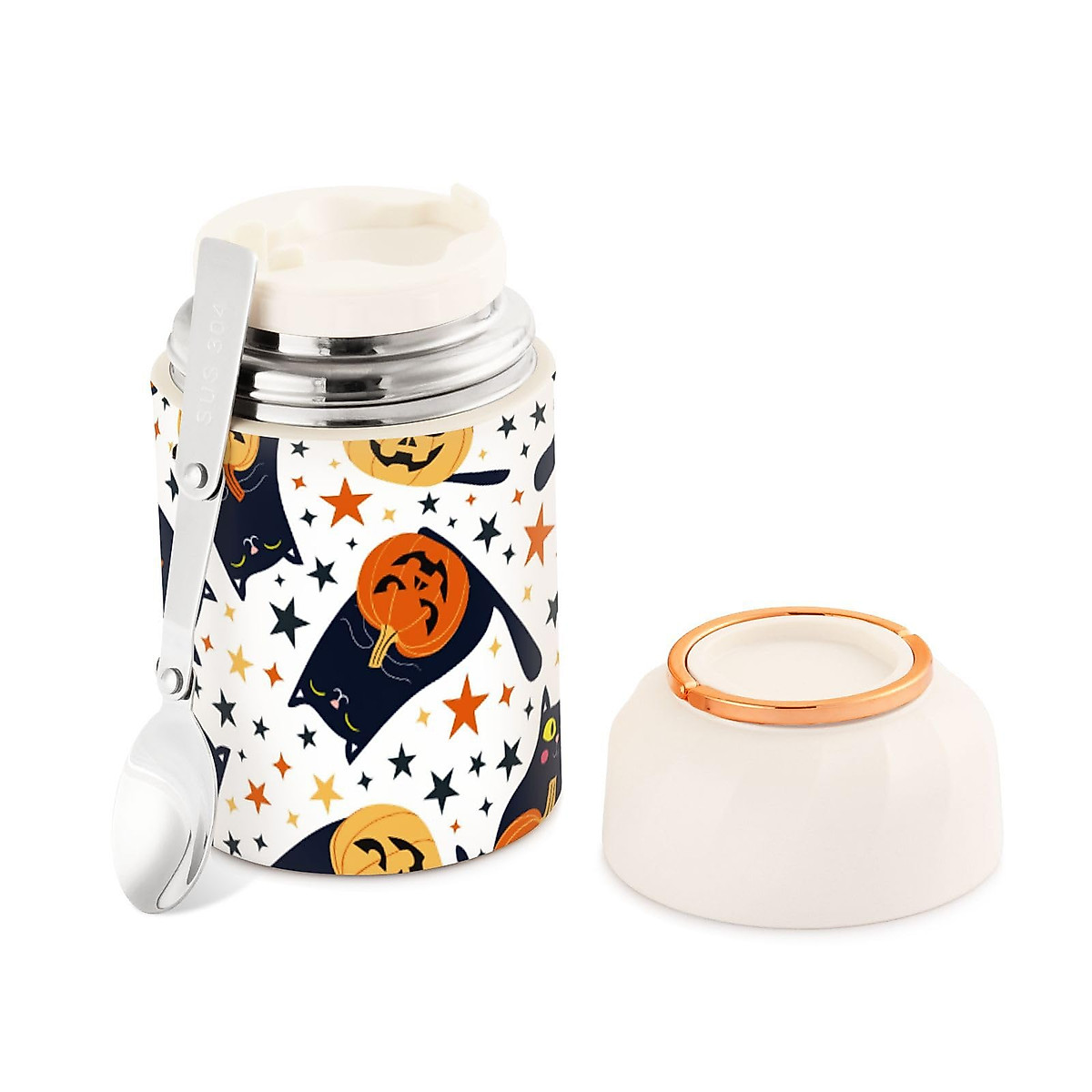 JUNZAN Halloween Cats Pumpkins Kids Womens Insulated Food Jar Container with Spoon 17oz/500ml Containers To Keep Food Hot Stainless Steel Vacuum Portable Thermal Containers for Short Travel