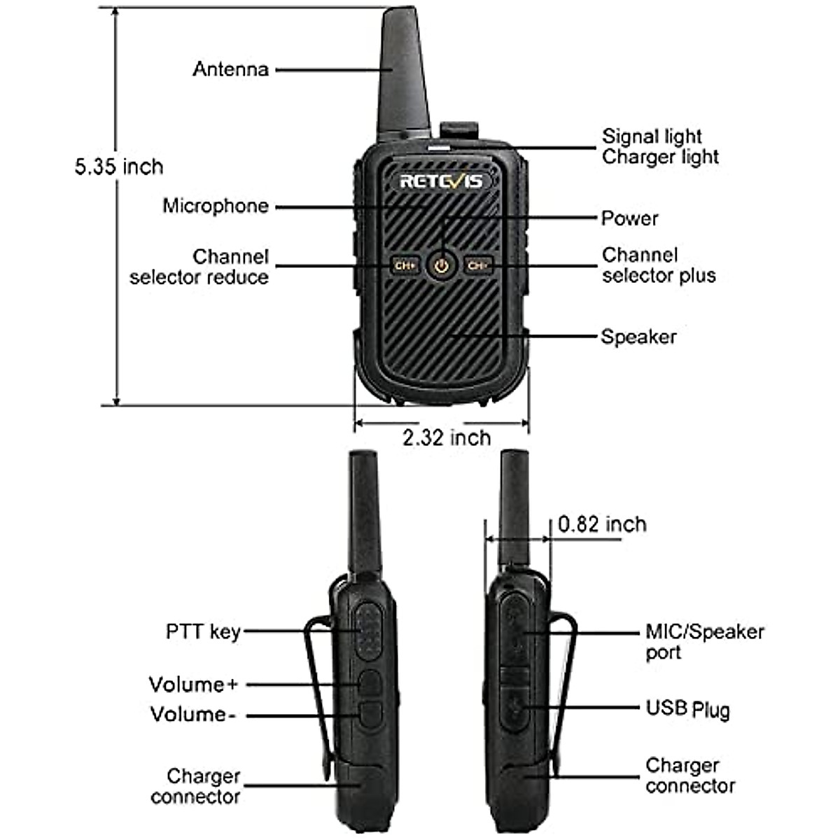 Retevis RT15 Rechargeable Walkie Talkies for Adults,Portable FRS Two-Way Radios Mini,VOX Lock USB Charging,for Outdoor Camping,Family Travel(1 Pack)