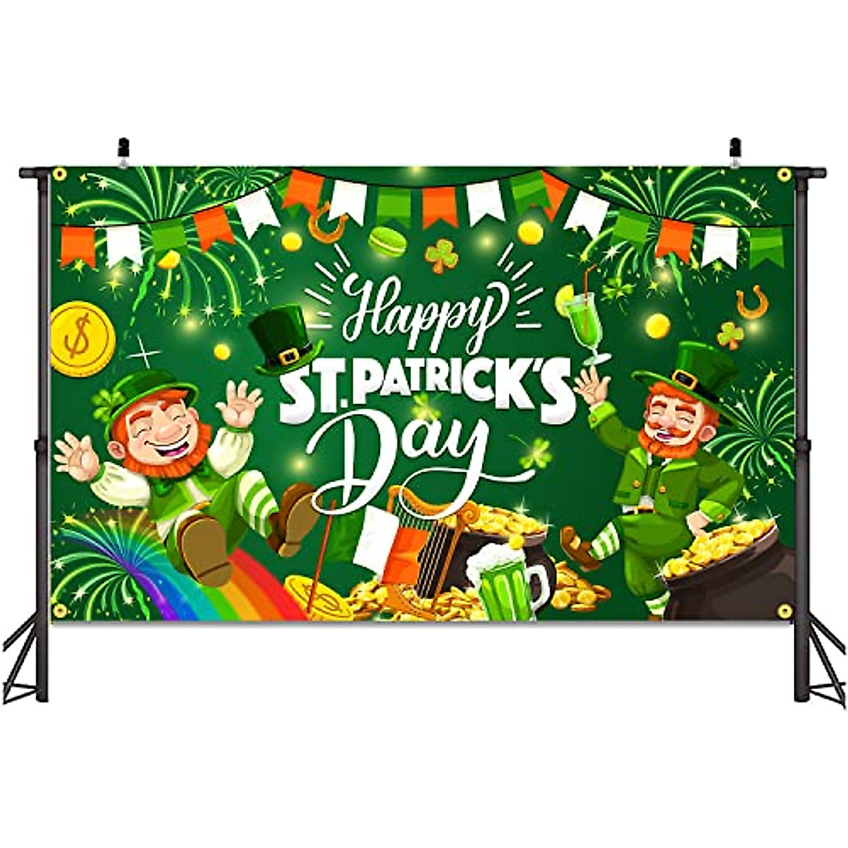 JKQ Happy St. Patrick's Day Backdrop Banner 71 x 43 Inch Large Size Saint Patrick's Day Background Banner Shamrock St. Patty's Day Party Decorations Irish Lucky Day Indoor Outdoor Photo Booth Props
