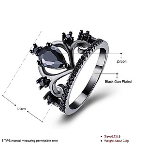 WANGYUSHENG Womens Black Gold Plated Cubic Zirconia CZ Fashion Teardrop Princess Crown Tiara Ring Wedding Band (9)