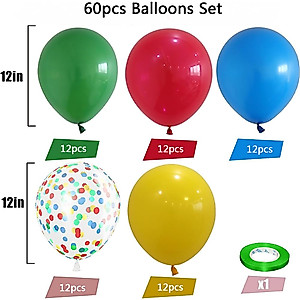 60 Pcs Rainbow Balloons Red Yellow Blue Balloons Set with Primary Color Confetti Balloons Bright Multicolor Circus Balloons Assorted Colors for Fiesta Theme Party Kids Boys Birthday Decorations