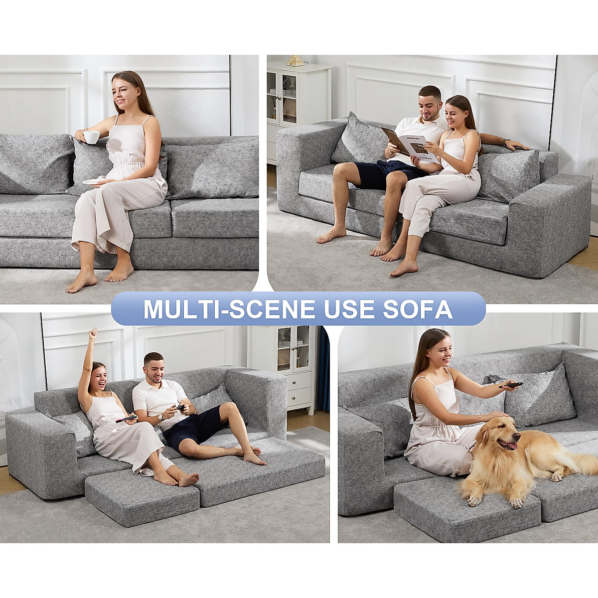 Hobestluk Folding Sofa Bed Couch Convertible Floor Sofa Beds for Adults Foldable Sleeper Sofa Lounge with Three Pillows for Living Room Fold-Out Floor Chair Beds for Bedroom Apartment Office(Grey)