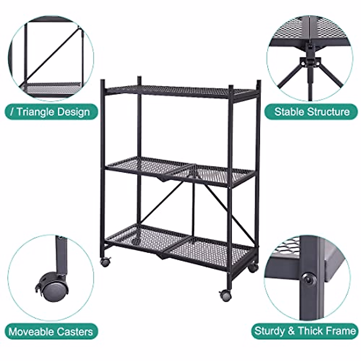 RokiaTek 3-Shelf Foldable Storage Shelves with Wheels, Large Capacity Metal Standing Shelving Unit, No Assembly Heavy Duty Organizer Rack for Kitchen, Garage, Basement, Pantry, Matte Black